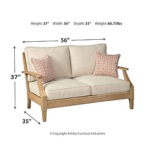 Signature Design by Ashley Clare View Coastal Outdoor Patio Eucalyptus Loveseat with Cushions, Beige