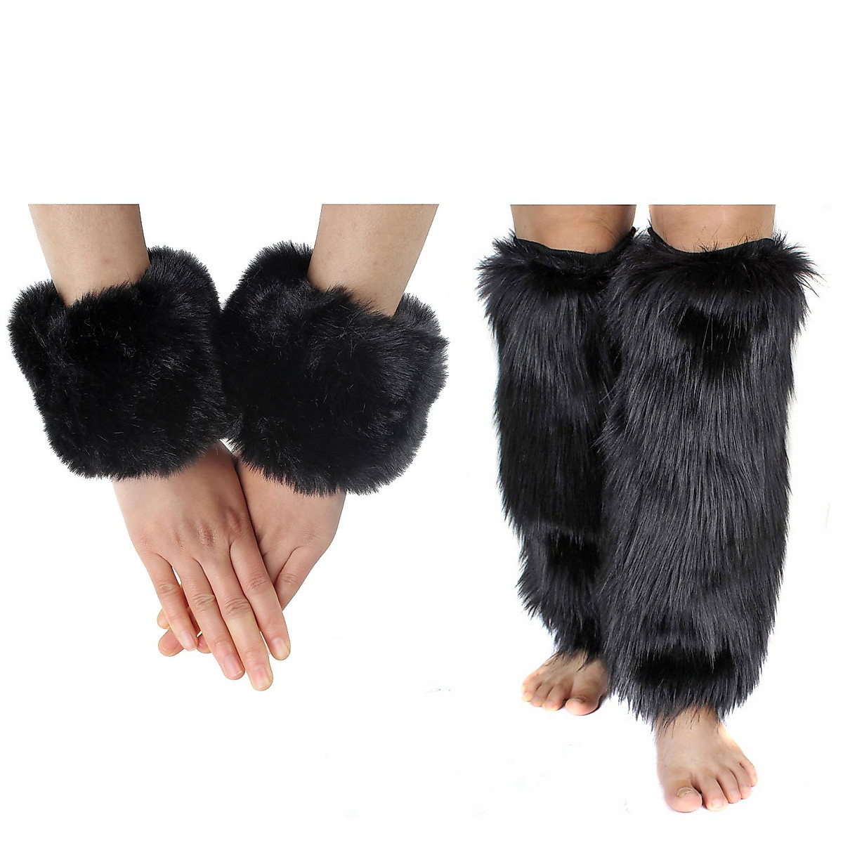 Faux Fur Cuffs Furry Leg Warmers and Wrist Cuff Warmer Boot Cuff,2 Pairs Set For Women Party Costumes