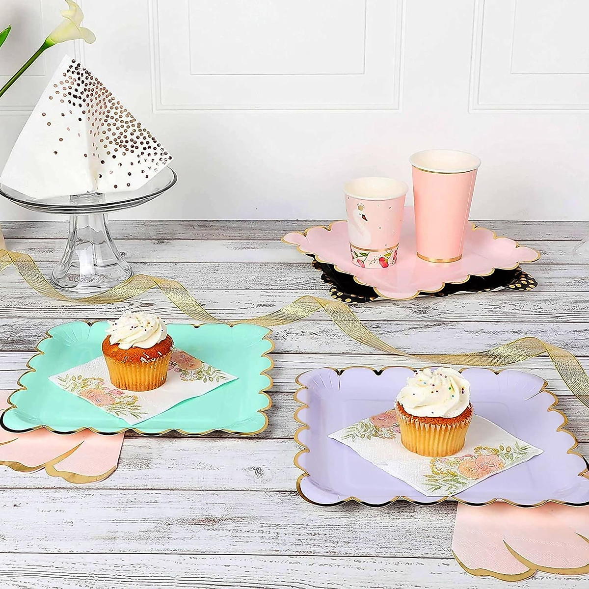 Sparkle and Bash Pastel Paper Plates with Scalloped Gold Foil (9 Inches, 48 Pack)