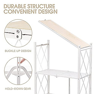 TOOLF 4-Tier Foldable Shelving Unit, Freestanding Metal Storage Shelf with MDF Tabletop, No Assembly Storage Shelves with Wheels for Garage Kitchen Bakers Closet Pantry, Heavy Duty Shelving