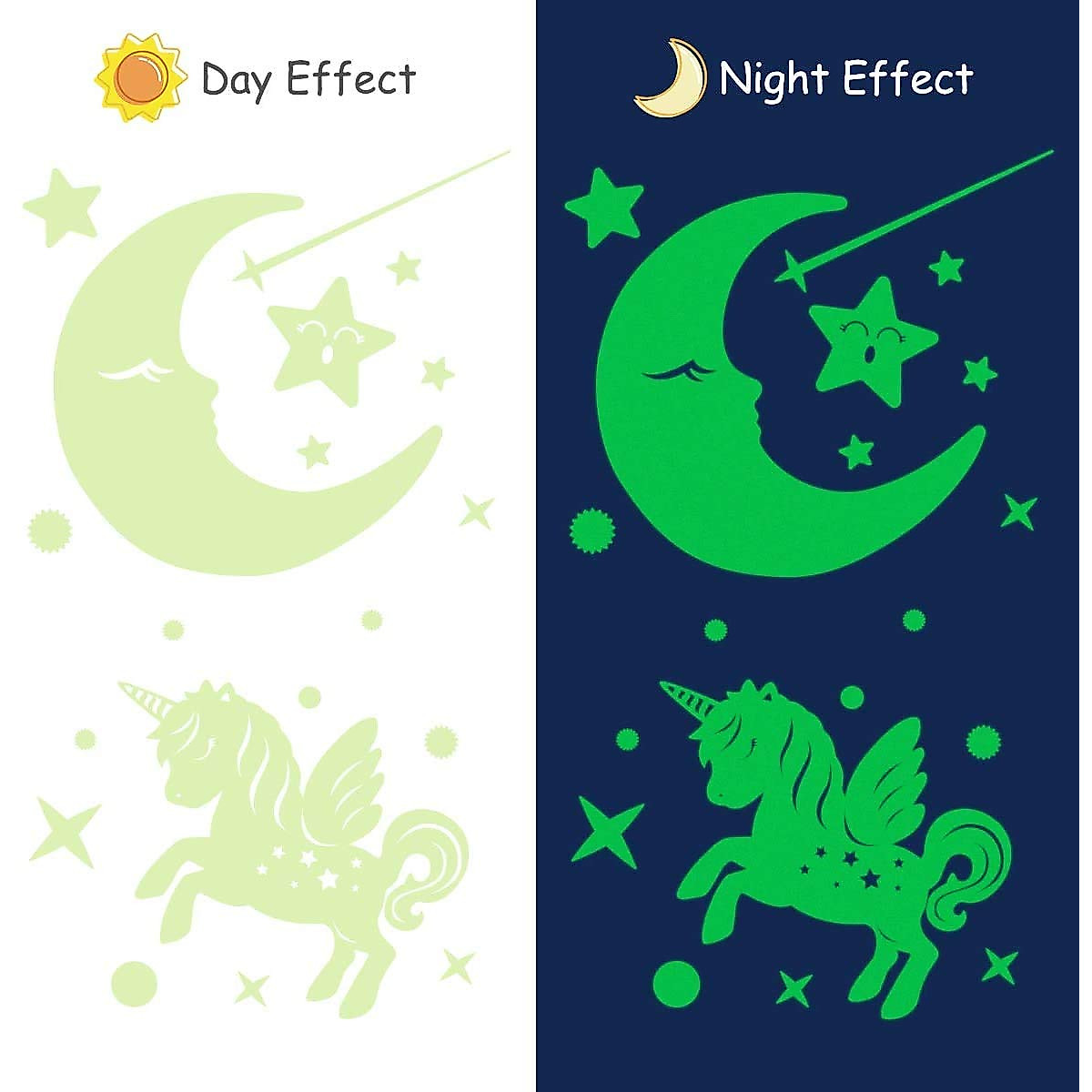382 Pcs Glow in The Dark Stars Wall Stickers, Glowing Stars for Ceiling and Wall Decals, 3D Glowing Stars Moon Unicorn for Kids Boys Girls Bedding Room Decoration or Party Birthday Gift