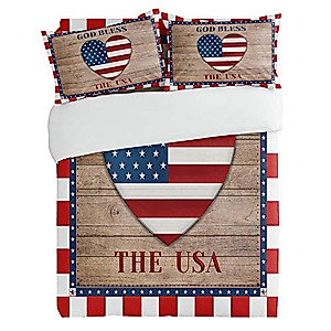 Independence Day Queen Duvet Covers American Flag Love Wood Plank 3-Piece Bedding Sets Luxury Soft Microfiber Bed Comforter Protector with Pillow Cases for Women Men Girl Boy Red White Plaid
