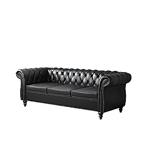 NOSGA Modern 3 Seater Couch, Large Sofa Furniture, Roll Arm Classic Tufted Chesterfield Settee Leather Sofa with Channel Tufted Seat Back for Living Room, Black PU