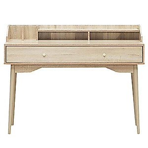 Tangkula Mid Century Desk with Storage Drawer, Writing Study Computer Desk with Hutch, Wooden Study Table PC Workstation, Home Office Desk Kid’s Desk for Bedroom (Natural)