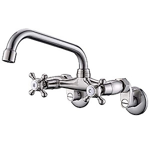 Wesliv Brushed Nickel Wall Mount Kitchen Faucet Double Cross Handle Commercial 3 Inch to 9 Inch Adjustable Spread Mixer Tap with 9 inch Spout Reach, Hot and Cold Water Mixer Tap 360 Rotatable Faucet