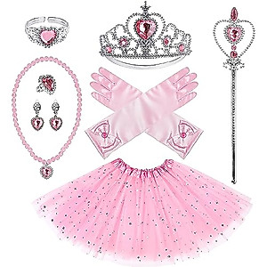 BIBUTY Princess Dress Up Accessories Princess Crown for Little Girls, 10pcs Princess Jewelry Set with Girls Tutu Skirt Princess Gloves Tiara Wand, Costume Set Toy Gift for 3 4 5 6 Year Toddler Girls
