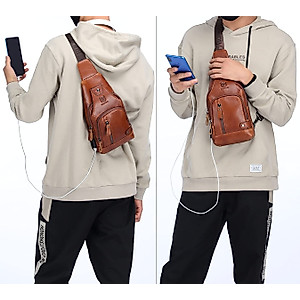 BULLCAPTAIN Men Crossbody Bag with USB Charging Port Genuine Leather Shoulder Sling Chest Bag Travel Hiking Backpack (Brown)