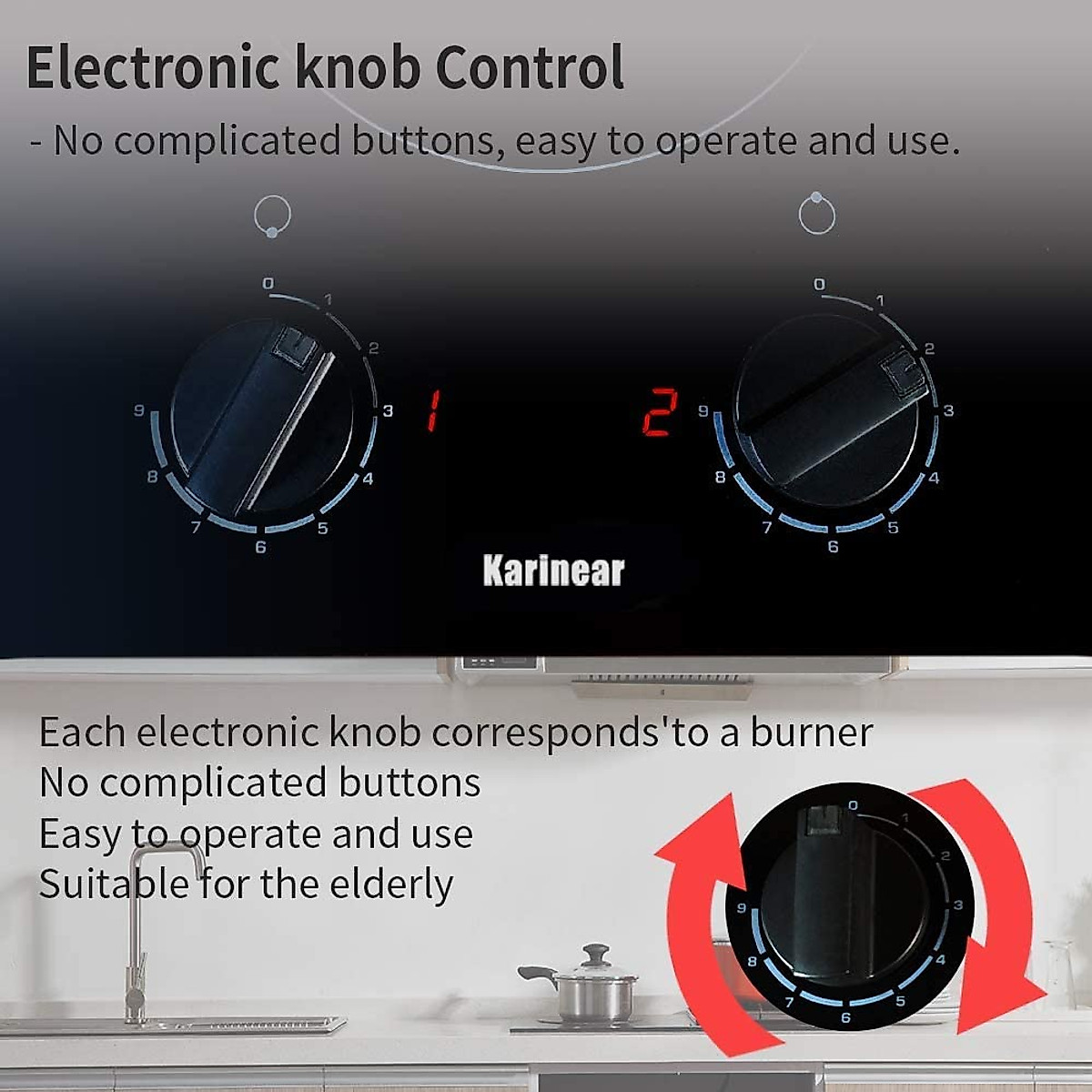 Karinear 2 Burner Electric Cooktop 12 Inch Built-in Electric Stove Top, 220v- 240v Radiant Cooktop with Residual Heat Indicator, Knob Control, Over-Temperature Protection, Hard Wire(No Plug)