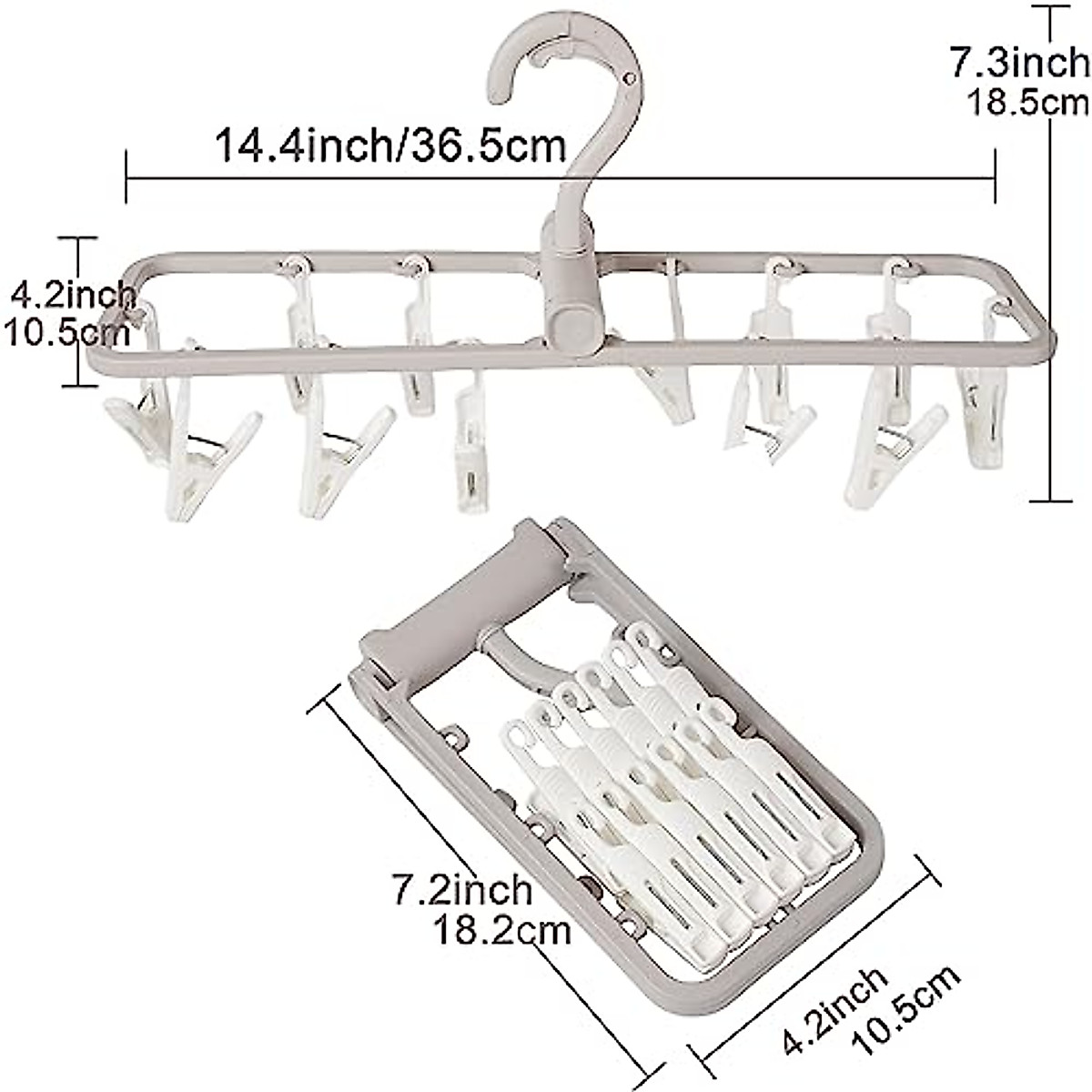 Foshine Clothes Drying Racks 2 Pack Grey Colour Small Folding Portable Underwear Hangers with Clips Socks 12 Clips 360° Rotatable Hook for Drying Towels Bras Baby Clothes Gloves Plast
