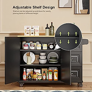Qsun Kitchen Island with Storage on Wheels with Drop Leaf, Kitchen Island Cart with Rubber Wood Top, Large Storage Cabinet, Three Large Drawers, Side Towel Rack and Spice Rack (Black)