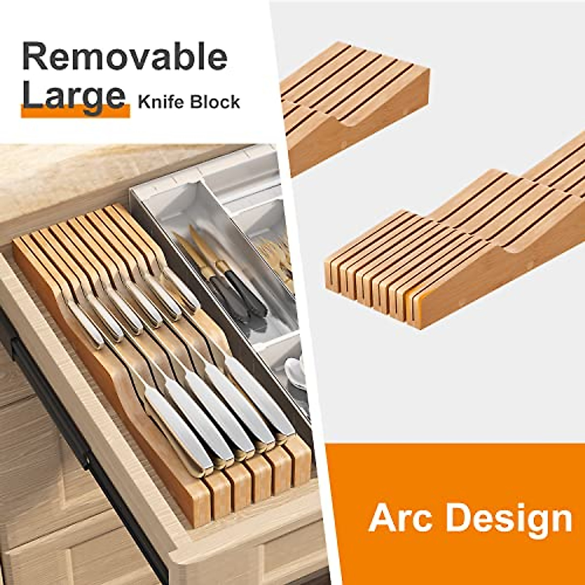 In-Drawer Knife Block Organizer - Bamboo Wood Drawer Knife Organizer-Protecting Knife Organizer Block Holds Up To 11 Knives（Not Included）