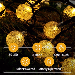 Kitmose Solar String Lights Outdoor Patio Lights,8 Modes 22 FT Christmas Fairy Lights Hanging Lights 50 LED for Balcony Backyard Porch,Solar Powered Auto On/Off (Warm White)