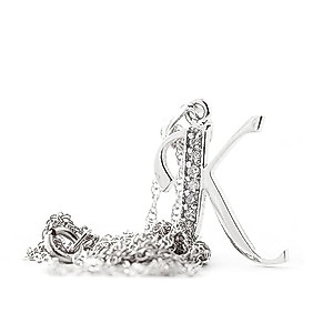 Initial 'K' Pendant Diamond Necklace Galaxy Gold GG 14K Solid White Gold Pendant Necklace with Natural Diamonds MADE IN USA High Polish Finish Rhodium Finish Handcrafted Personal (14 Inch Small Choker)