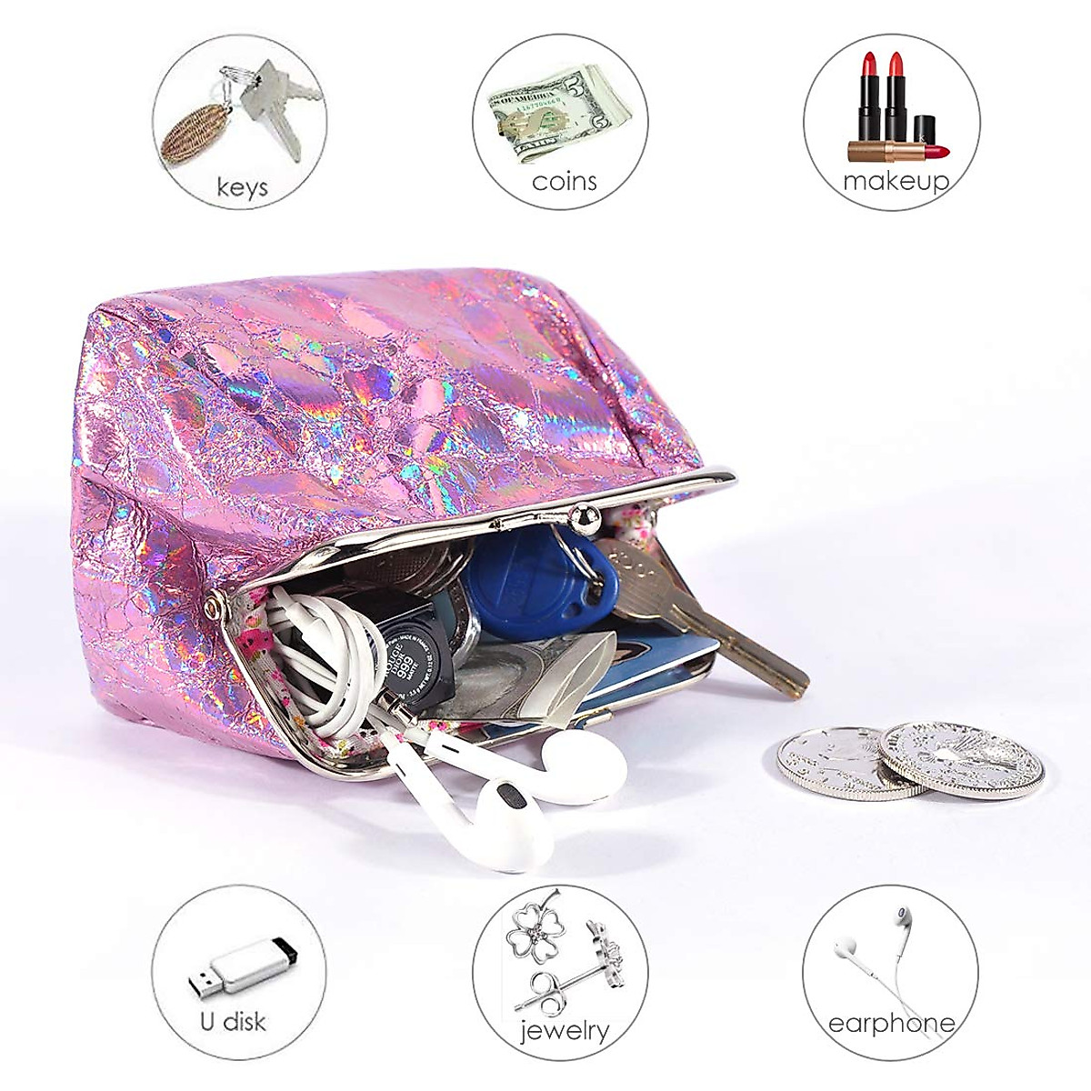 Oyachic 2 PCS Pretty Coin Purse,Cute Hologram Change Purse,Small Leather Wallet with Clasp Pouch for Woman Girls