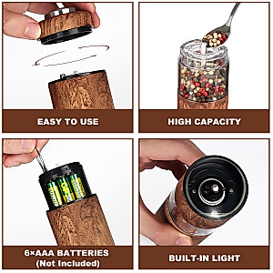 Electric Salt and Pepper Grinder Set, Batery Operated Automatic Salt and Pepper Grinder, One-Handed Operation, Salt and Pepper Grinder with LED light, Adjustable Coarseness (Wood)