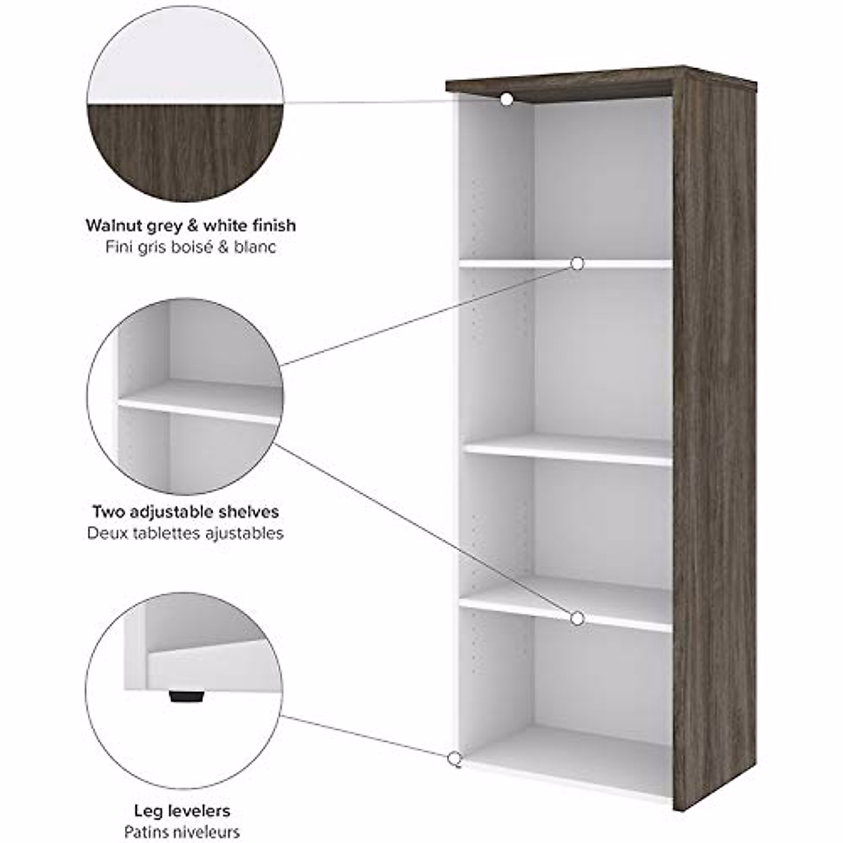Bestar Gemma 4 Shelf Bookcase in Walnut Gray and White