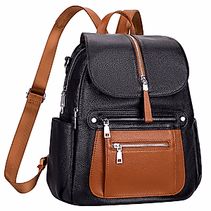 ALTOSY Leather Backpack Purse for Women Fashion Casual Handbag with Multi Pockets and Flap (S107 Black/Brown)