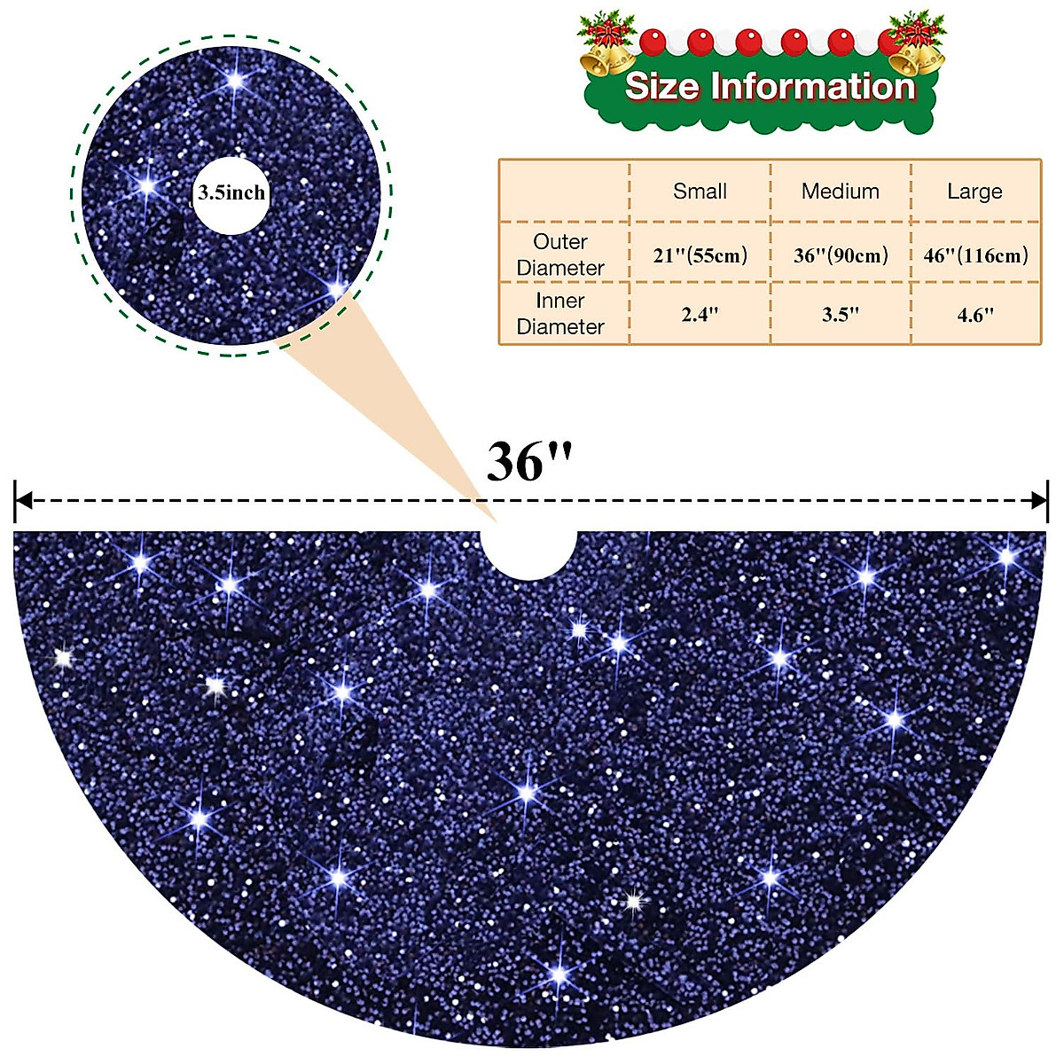 Navy Blue Sparkly Sequin Tree Skirt 36 Inches Christmas Ring Glitter Collar Blanket for Halloween 6ft Tree Navy Xmas Velvet Skirt for Home Festival Decoration