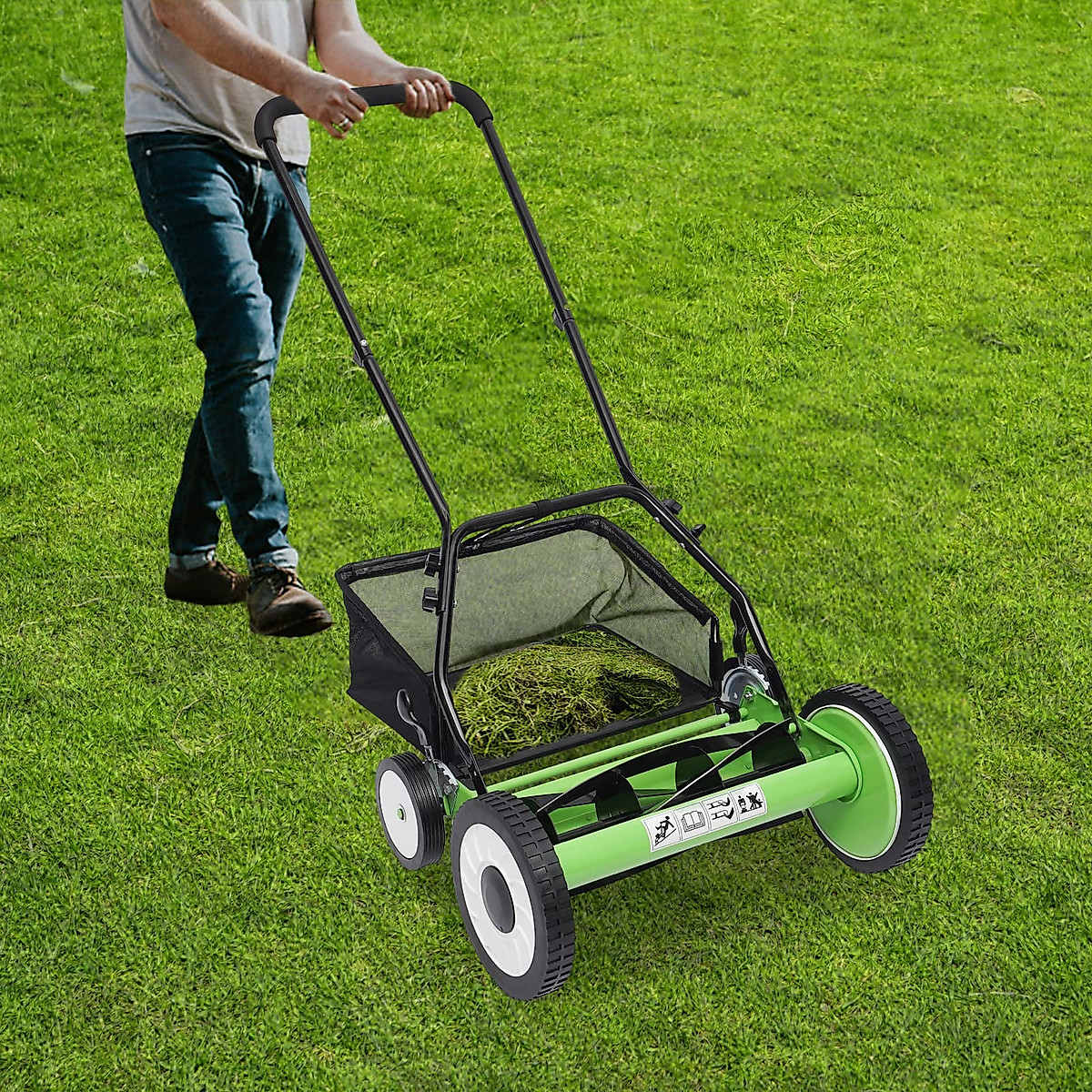 BANLICALI Grass Trimmer, 16-Inch 5-Blade Cordless Manual Reel Lawn Mower with Grass Collection Basket and Wheel, 9-Position Adjustable Height (1.34"-2.52"), Weed Wacker for Home Lawn Edger Green