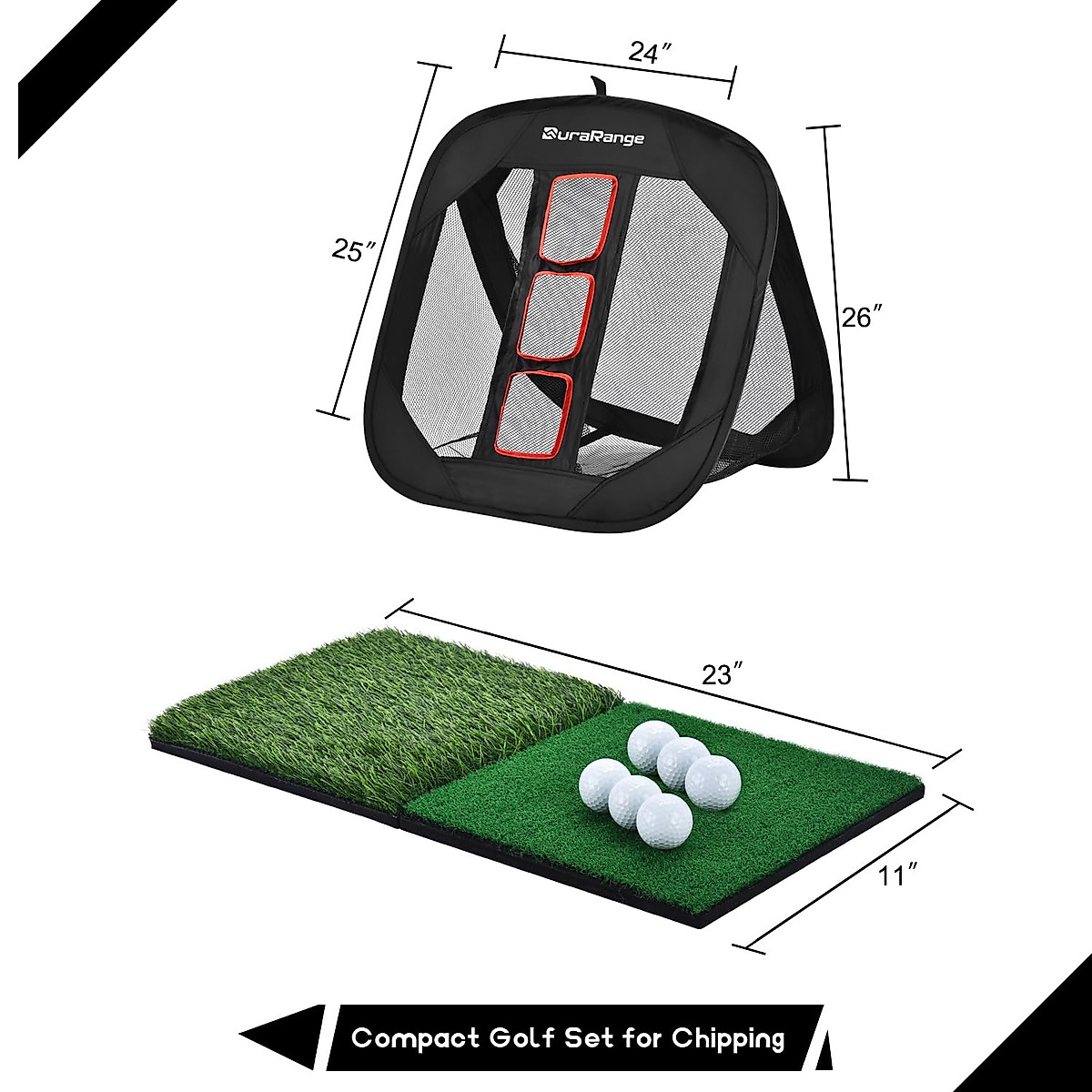 DURARANGE Pop-up Golf Chipping Net Set - Foldable Training Kit with 2 Hitting Mats, 6 Practice Balls, 6 Foam Balls - Ultimate Golf Gift & Target Chipping Aids, Black