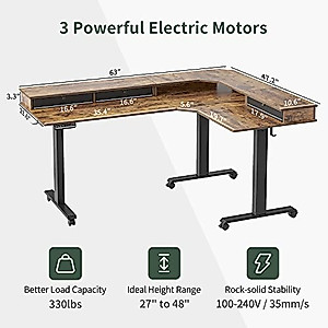 FEZIBO Triple Motor 63" L Shaped Standing Desk with 3 Drawers, Electric Standing Desk Adjustable Height, Corner Stand up Desk with Splice Board - Rustic Brown