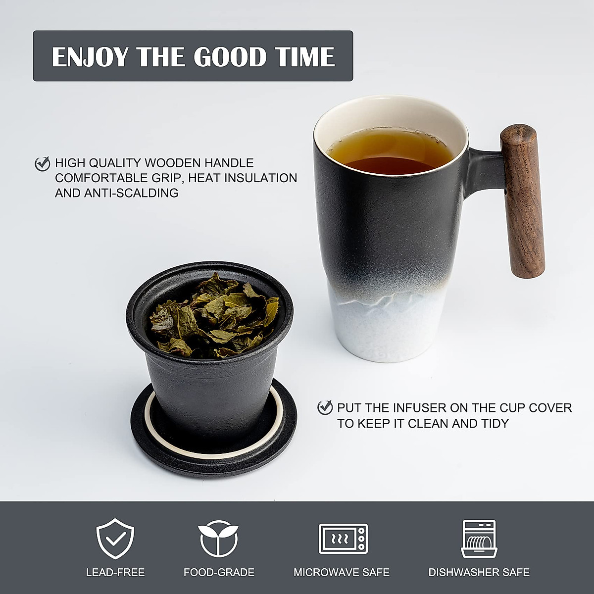 suyika Tomotime Ceramic Tea Cup with Infuser and Lid Tea Mugs Wooden Handle 400ml/13.5oz Black