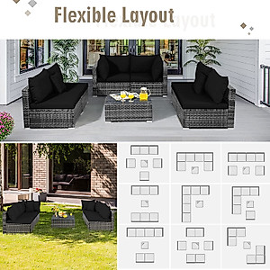 PATIOJOY 7-Piece Patio Furniture Set, Outdoor Sectional PE Rattan Sofa Set with Cushions and Tempered Glass Coffee Table, All-Weather Conversation Set for Backyard (Black)