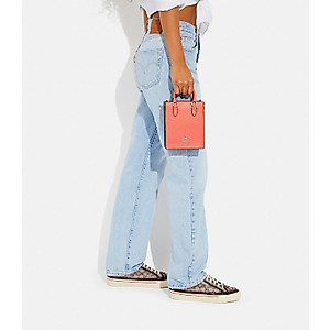 Coach Womens North South Mini Tote Crossbody Bag With Signature Canvas In Leather (Silver/Khaki/Tangerine)