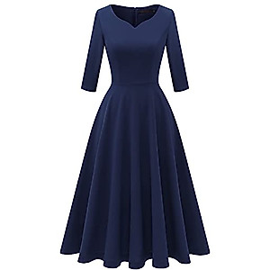 DRESSTELLS Women Vintage Tea Party Dress Formal Modest Floral Fit Flare Audrey Hepburn Dress for Cocktail/Wedding Guest/Church/Prom Navy XL