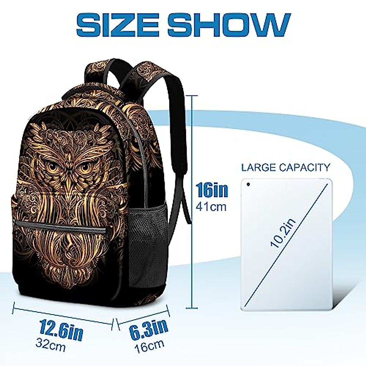 HELVOON School Backpack for Women Men 12.6 x 6.3 x 16 in Travel Backpack Laptop Notebook School Bag for Girls Boys, Stylish Casual Daypack Shoulder Bag Ornate Spiritual Owl