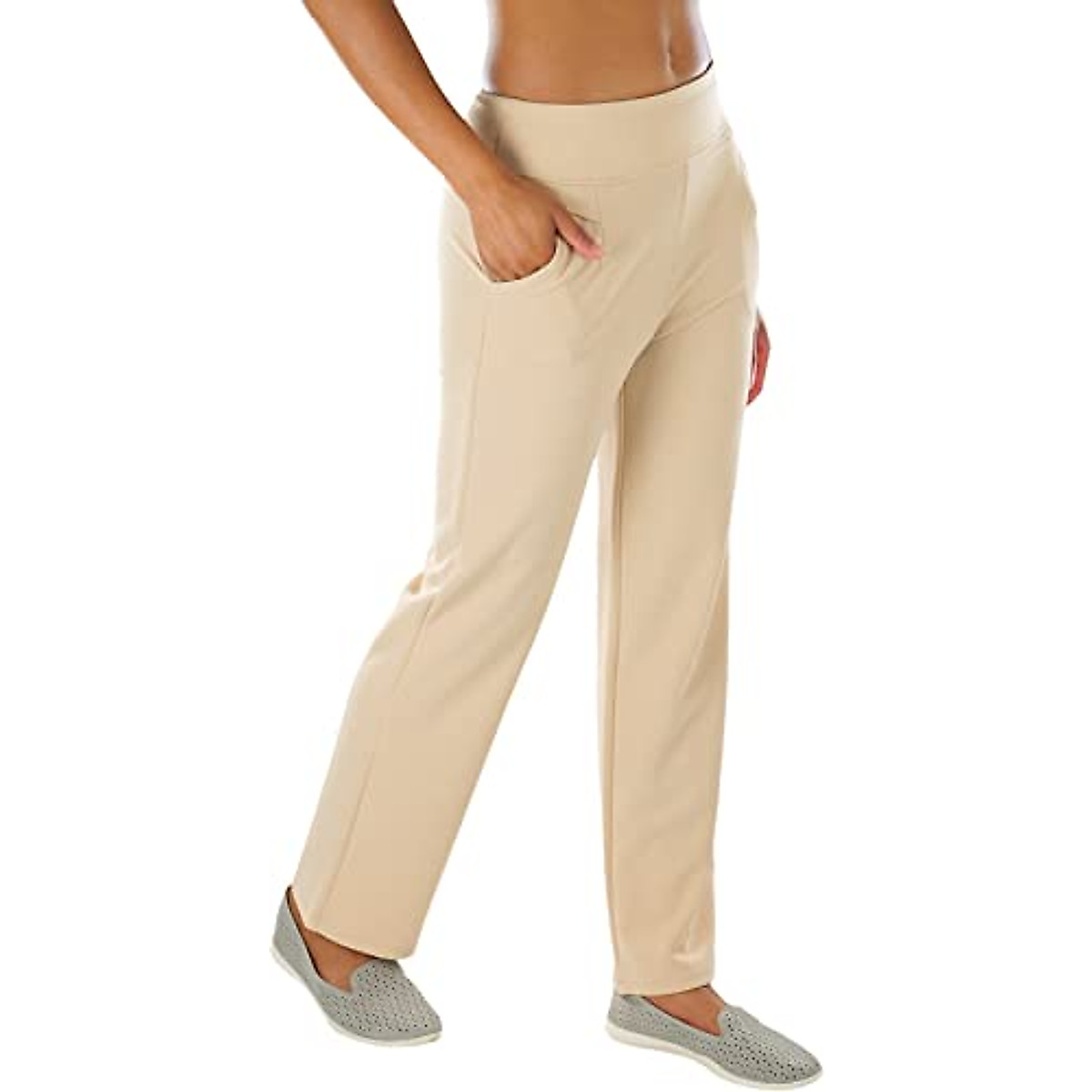 ToBeInStyle Women's High Waist Boot-Cut Two Pockets Thicker Waistband Dress Pants - Khaki - L