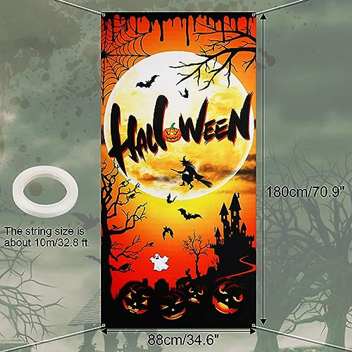 Halloween Door Decoration Happy Halloween Door Cover, Large Fabric Halloween Party Decorations Door Cover for Front Door Porch Wall Decoration Halloween Party Supplies Indoor Outdoor,5.9x2.9 Feet, D