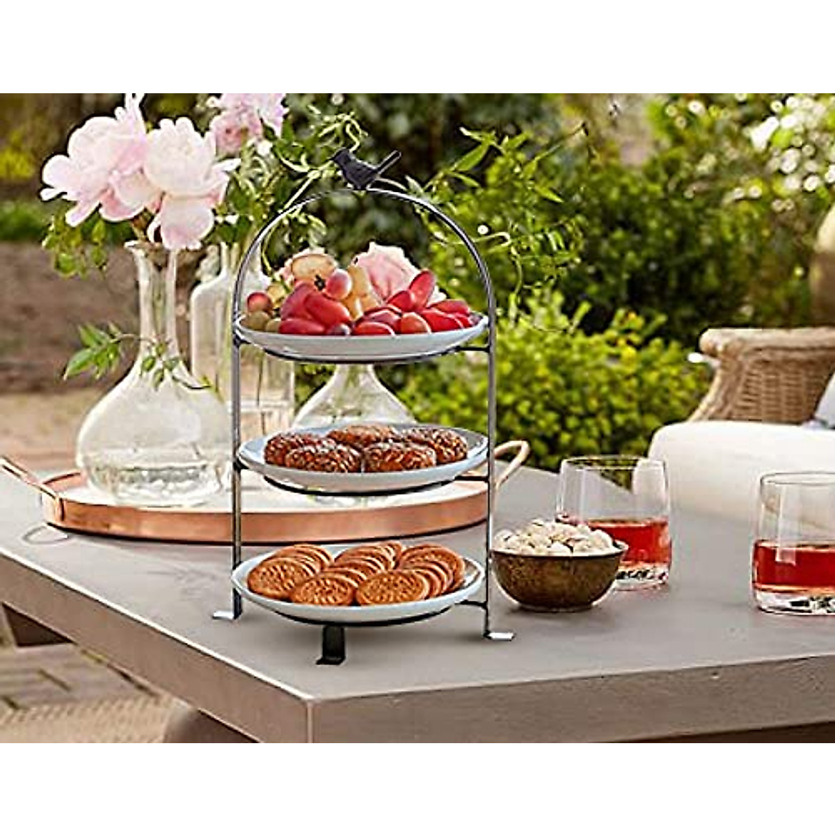SparkWorks 3 Tiered Cake Stand, Tea Party Serving Platter, Dessert and Cupcake Stand, Metal Tiered Serving Stand Includes Three Premium White Stoneware Plates