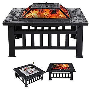 Outdoor Fire Pit 32 Inch Square Metal Firepit with Charcoal Rack& Spark Screen, Heavy Duty 3 in 1 Fireplace Backyard Patio Garden Stove for Camping, Outdoor Heating, Bonfire and Picnic