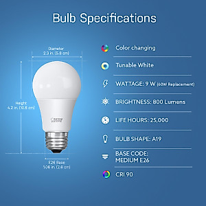Feit Electric Smart Light Bulbs with RGB Color Changing and Tunable White, 2.4Ghz WiFi Light Bulbs, No Hub Needed, Works with Alexa and Google, Dimmable 60 Watt = LED 9W, OM60/RGBW/CA/AG/3, 3 Pack
