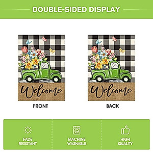 AVOIN colorlife Welcome Spring Floral Garden Flag 12x18 Inch Double Sided Outside, Buffalo Plaid Truck Flower Seasonal Yard Outdoor Flag