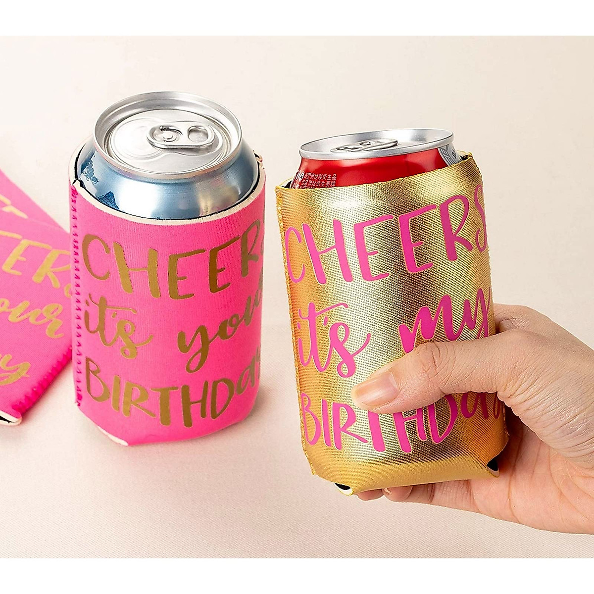 12 oz Birthday Neoprene Can Cooler Sleeves for Soda, Beer, Beverages (Pink, 12 Pack)