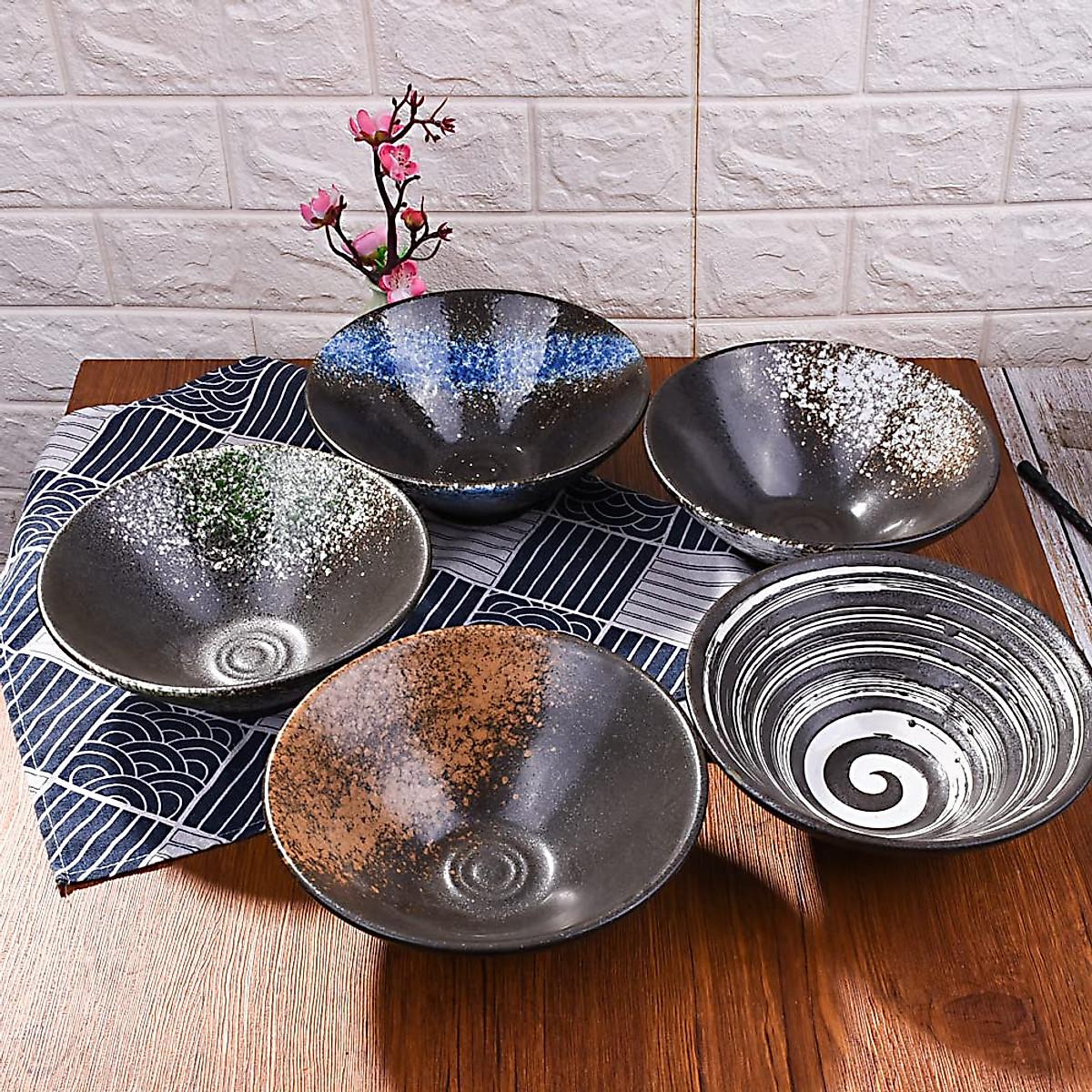 Japanese Ramen Bowls Set of 2, Ceramic Noodle Soup Cereal Bowls(BLC)