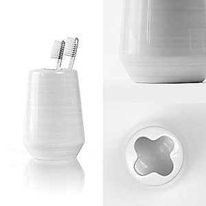 Willow&Ivory Bathroom Accessories Set | 4 Piece, Ceramic Bath Set | Toothbrush Holder, Soap Dispenser, Soap Dish & Tumbler | White Oak Collection