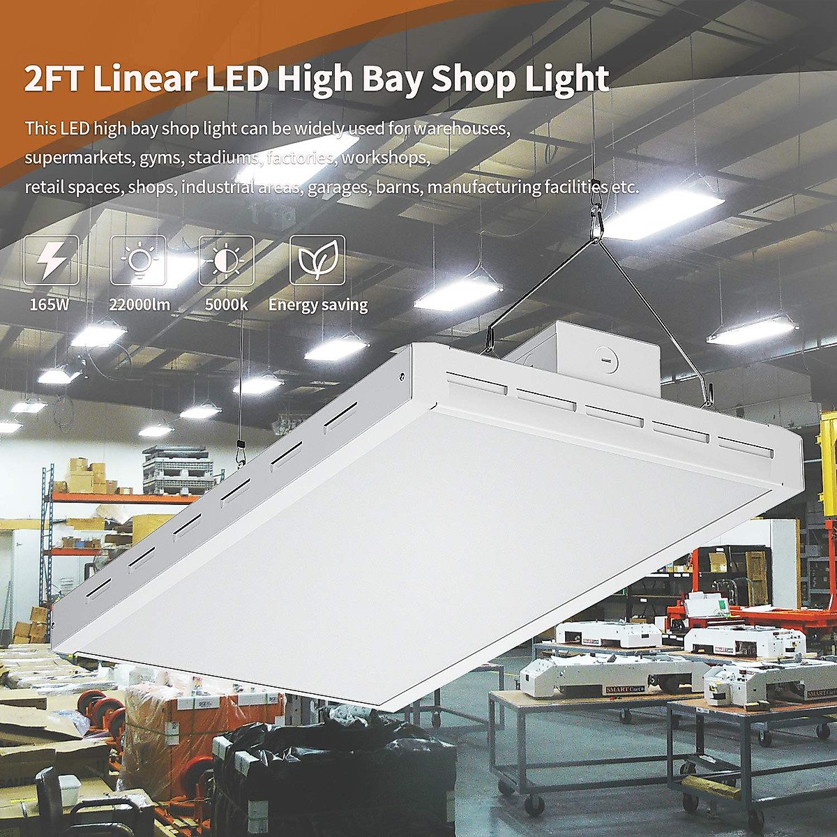 FAITHSAIL 165W Linear LED High Bay Shop Light 2FT, 22000LM, 5000K, Industrial LED Warehouse Lighting, 2 Foot Indoor Aisle Area Workshop Garage Highbay LED Lights, 4 Lamp Fluorescent Equivalent