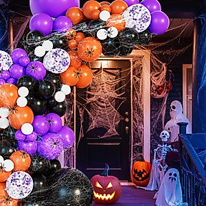 152Pcs Halloween Balloons Arch Garland Kit, Orange Purple and Black Balloon with Halloween Spider Web, Spiders for Halloween Birthday decor Supplies Cute Halloween Party Decorations