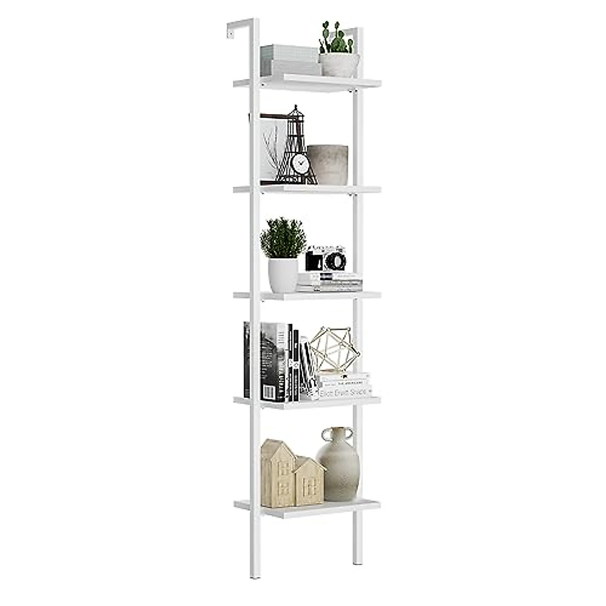 NUMENN Industrial Ladder Shelf, 5 Tier Book Shelf, Open Space Wall Mount Bookshelf with Metal Frame, Sturdy Book Shelves, Bookcase for Living Room, Home Office Shelf, White