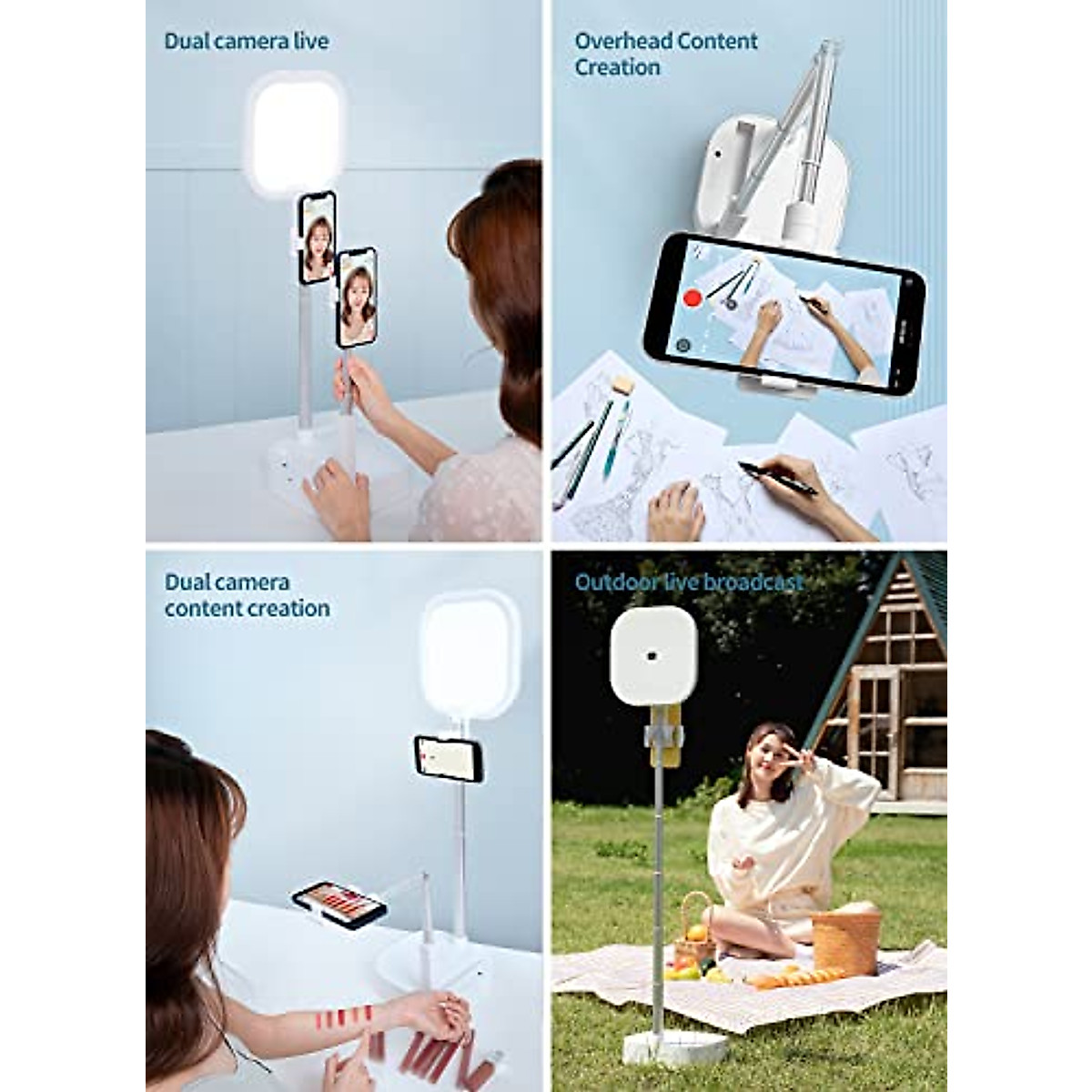 yAyusi Phone Stand for Recording, Overhead 360° Rotation with Two Phone Holders, Content Creator Kit, Rechargeable Adjust Foldable 15 Brightness LED Light for Live Streaming/YouTube/Video Recording