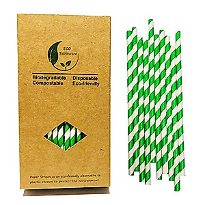 100 Pack Green And White Paper Drinking Straws, 7.75 Inches Green Striped Drinking Straw Cake Pop Stick