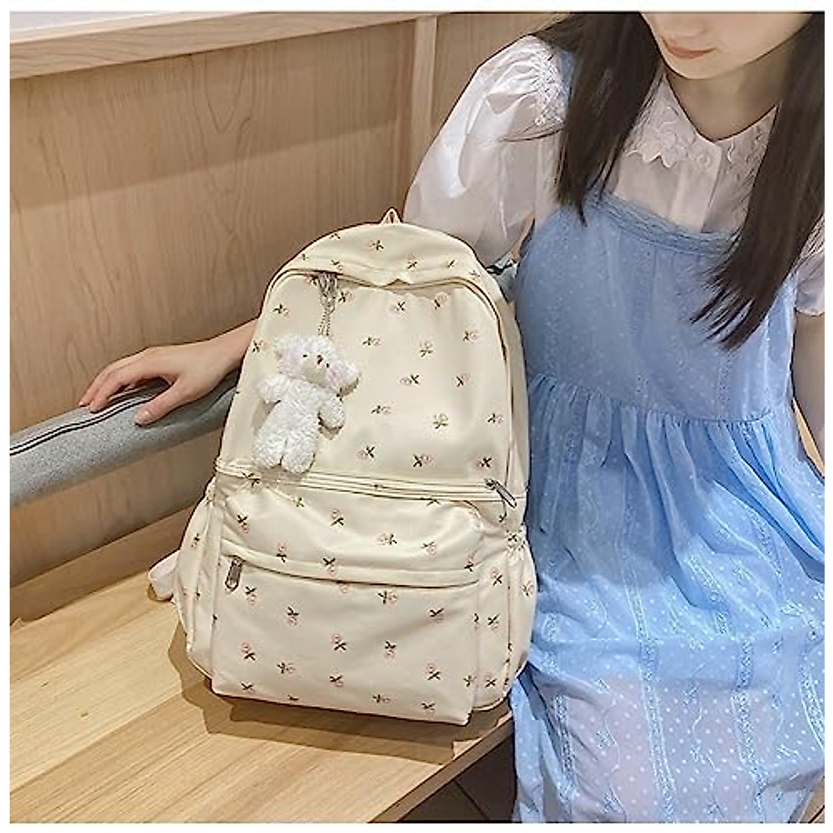 JHTPSLR Cottagecore Aesthetic Backpack with Plushies Pink Floral Preppy Backpack Flowers Backpack Cute Kawaii Backpack Book Bags (Beige)