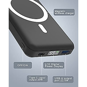 podoru Wireless Portable Charger, 10000mAh Magnetic Power Bank with Type-C Cable LED Display 22.5W PD Fast Charging Lighting Mag-Safe Battery Pack for iPhone 14/13/12/Mini/Pro/Pro Max-Black