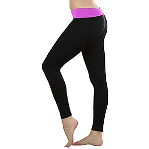 ToBeInStyle Women's Black Athletic Leggings with Fold-Over Contrast Waistband - Magenta