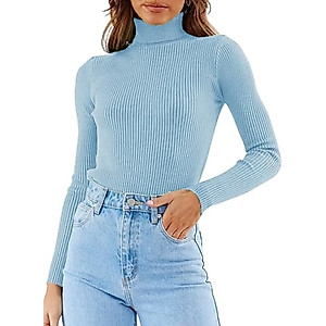 Dokotoo Women's Long Sleeve Knit Shirts Fall Turtleneck Basic Tops Slim Fitted Ribbed Sweater Fall Outfits for Women Sky Blue Large