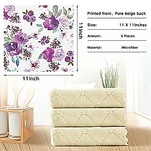 CaTaKu Purple Flower Microfiber Reusable Cleaning Cloths Kitchen Dish Cloths Dish Rags for Washing Dishes, Watercolor Rose Dish Towels Washcloths for Kitchen Drying, 6 Pack