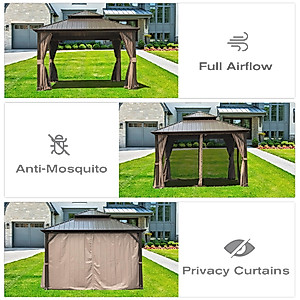Domi 10' x 10' Hardtop Gazebo Permanent Metal Gazebo with Galvanized Steel Double Roof, Curtains and Netting for Party, Wedding, Outdoor Dining, Patio, Backyard, Brown
